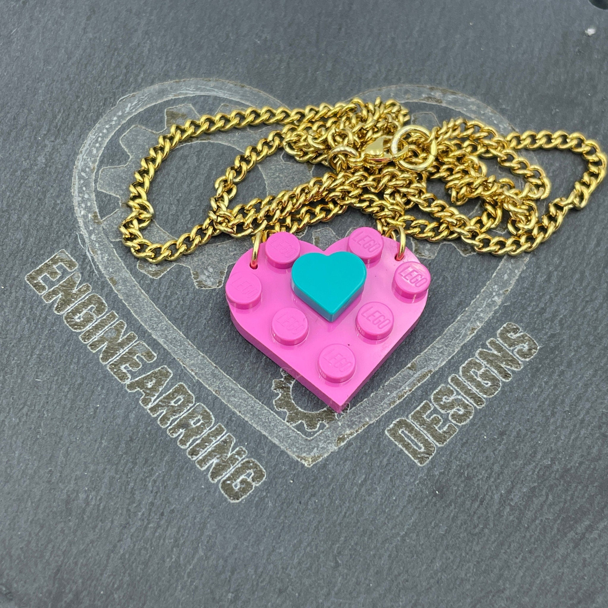 EnginearringDesigns Pink and Teal Heart necklace made with LEGO on Gold Chain Enginearring Designs